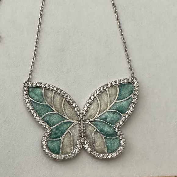Jewelry | 925 Silver Butterfly Necklace Cz Turquoise Handmade Enamel ...